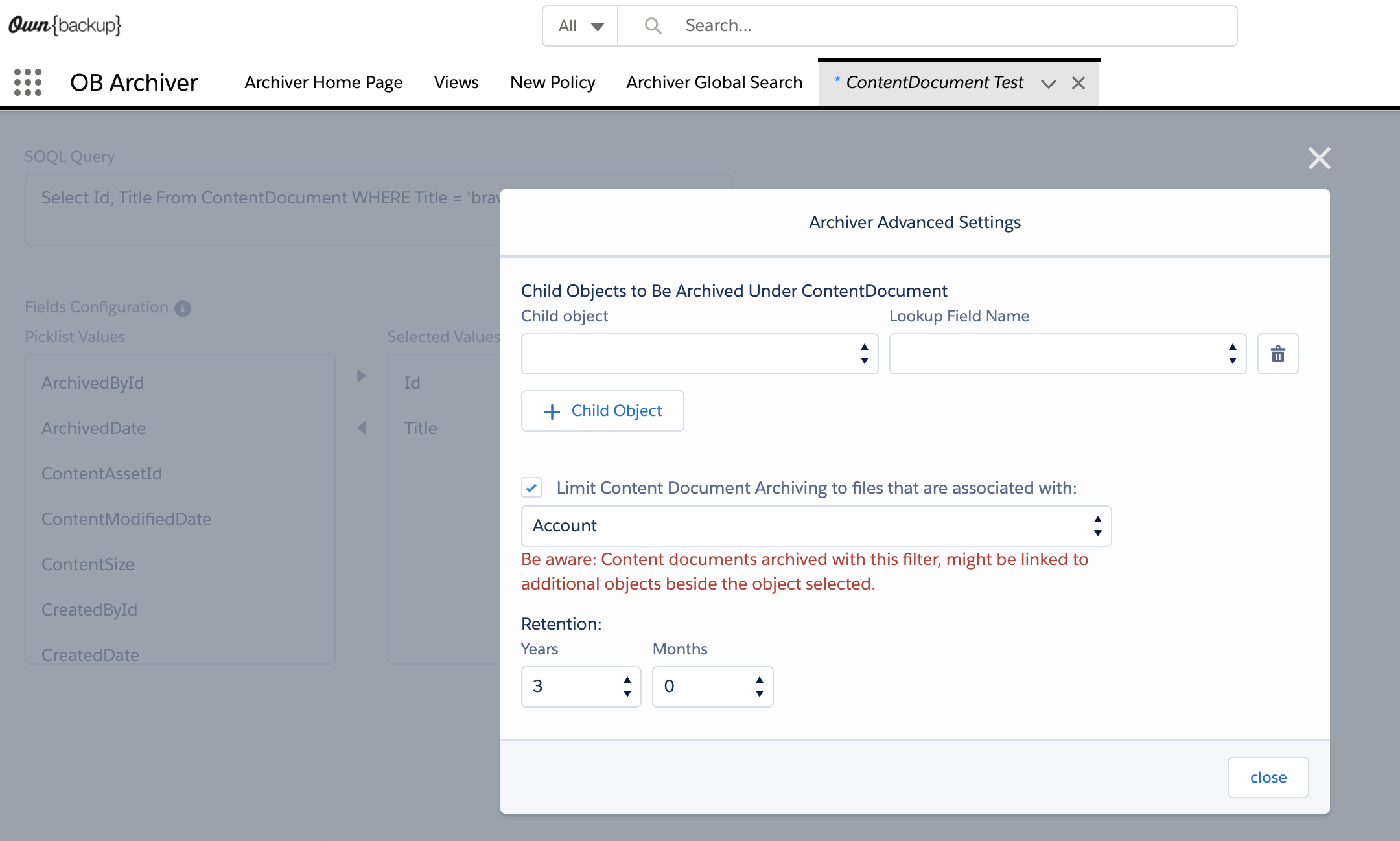 How to archive a Content Document related to a specific sObject | Public Knowledge Base | OwnBackup
